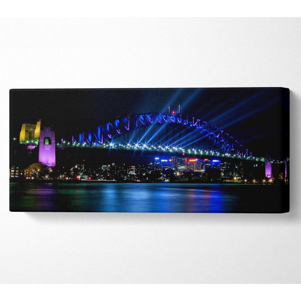 Ebern Designs Sydney Harbour Bridge Blue Light Wrapped Canvas